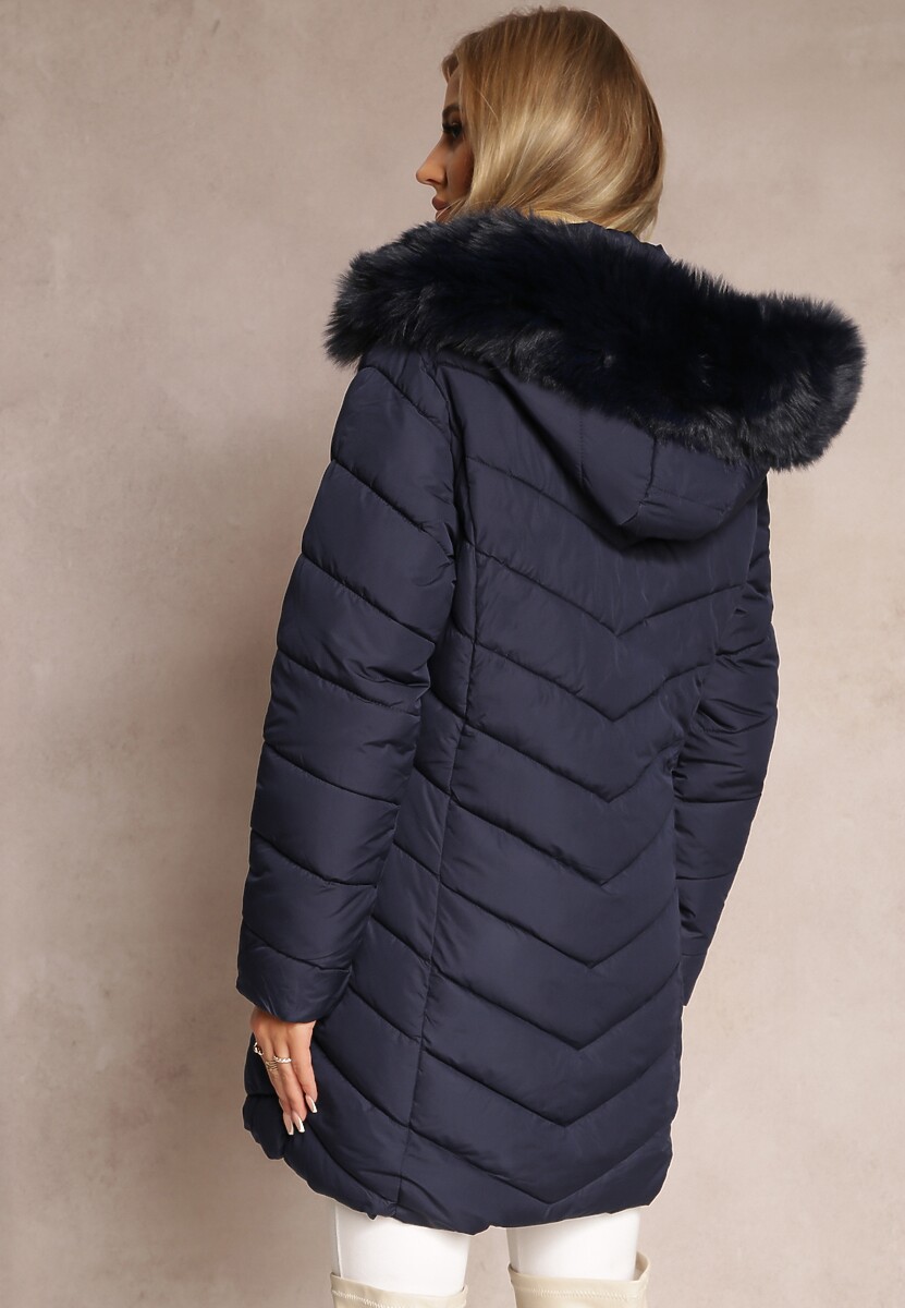 Granatowa Pikowana Kurtka o Wydłużonym Fasonie z Odpinanym Kapturem i ...
