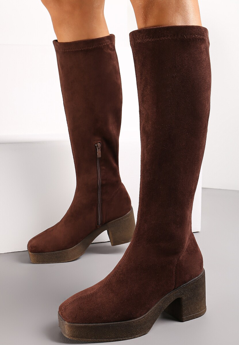 Ciemnobrązowe Kozaki na Grubym Słupku i Platformie z Kwadratowym Noskiem Yossa - Renee