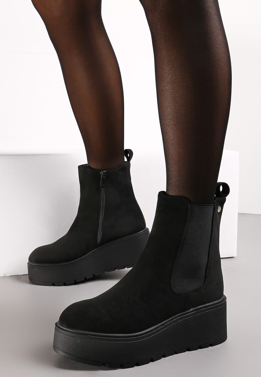 Czarne Botki na Platformie i Koturnie z Elastyczną Wstawką Nimizuni - Renee