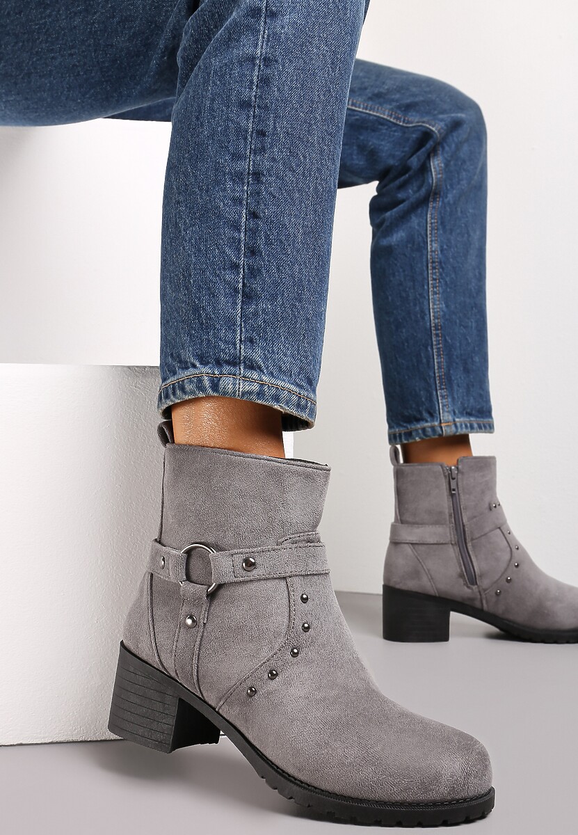 Szare Botki za Kostkę na Słupku z Ozdobnymi Paskami Seuaia - Renee