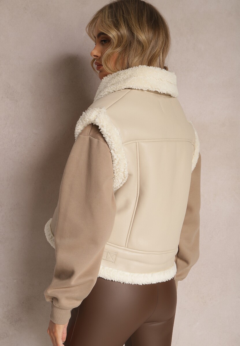 Jasnobeżowa Kamizelka z Imitacji Skóry i Ozdobnym Futerkiem Fiorosa - Renee