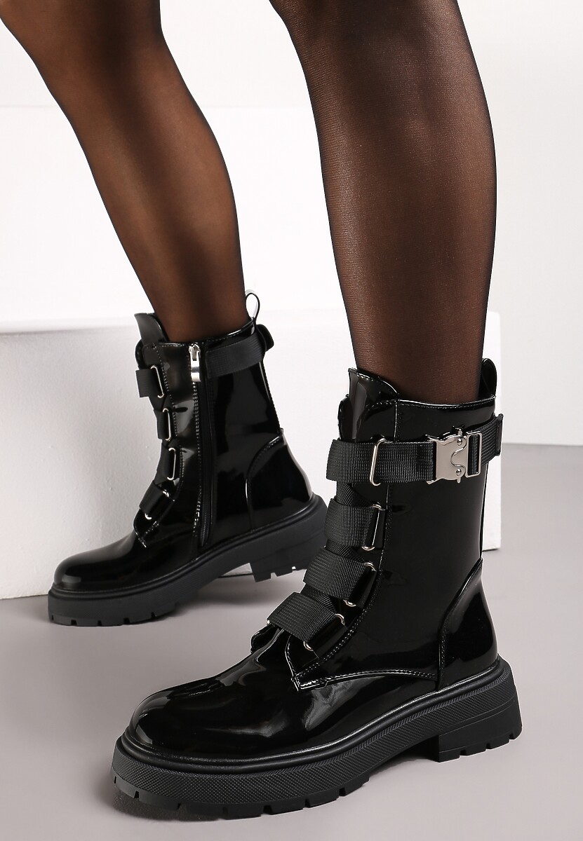 Czarne Lakierowane Botki na Grubszej Podeszwie Viterna - Renee