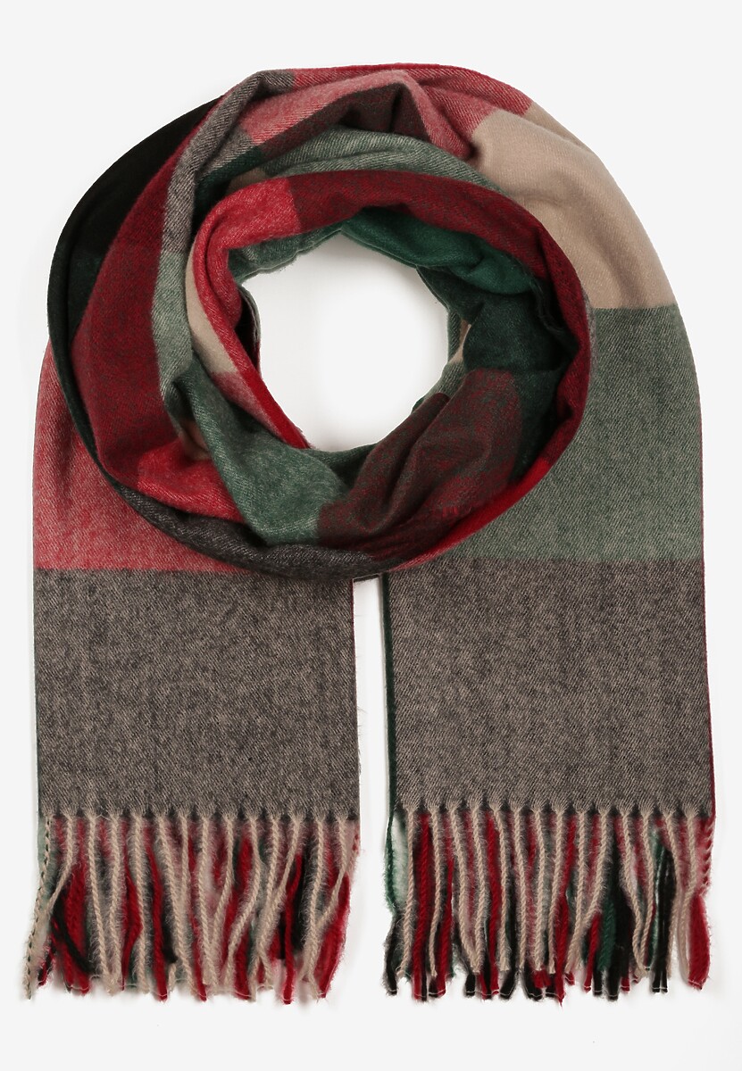 Bordowy Szalik Bawełniano-Wiskozowy w Kratę z Frędzlami Siravel - Renee