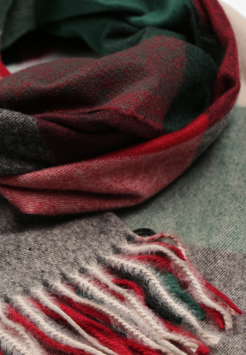 Bordowy Szalik Bawełniano-Wiskozowy w Kratę z Frędzlami Siravel - Renee