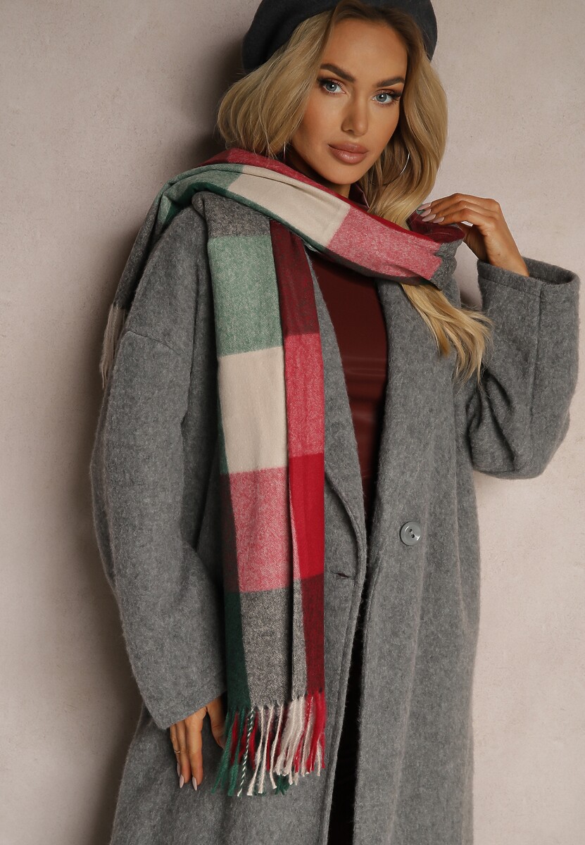 Bordowy Szalik Bawełniano-Wiskozowy w Kratę z Frędzlami Siravel - Renee