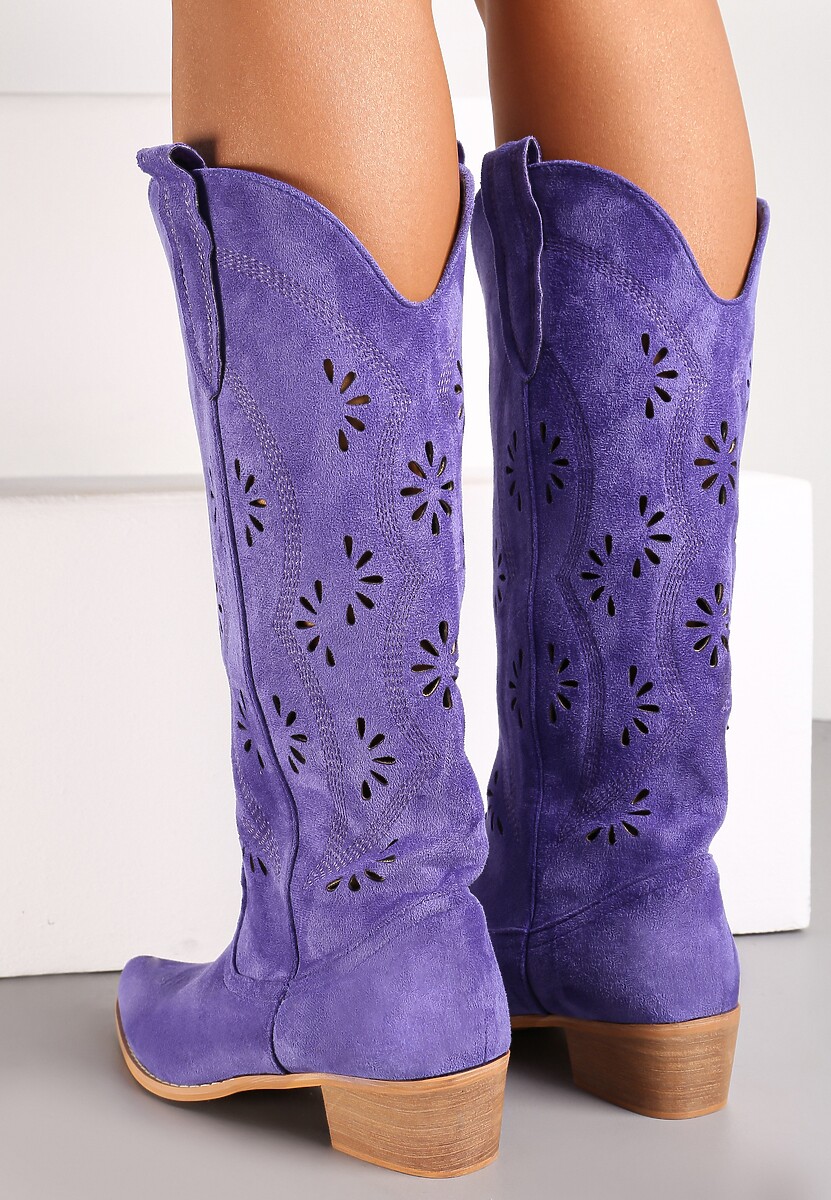 Fioletowe Kozaki Kowbojki na Płaskim Obcasie z Ażurową Cholewką z ...