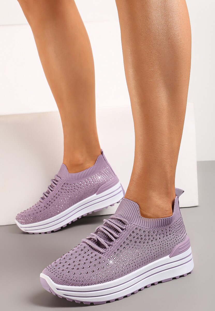 Fioletowe Wsuwane Sneakersy z Cyrkoniami na Grubej Podeszwie z ...