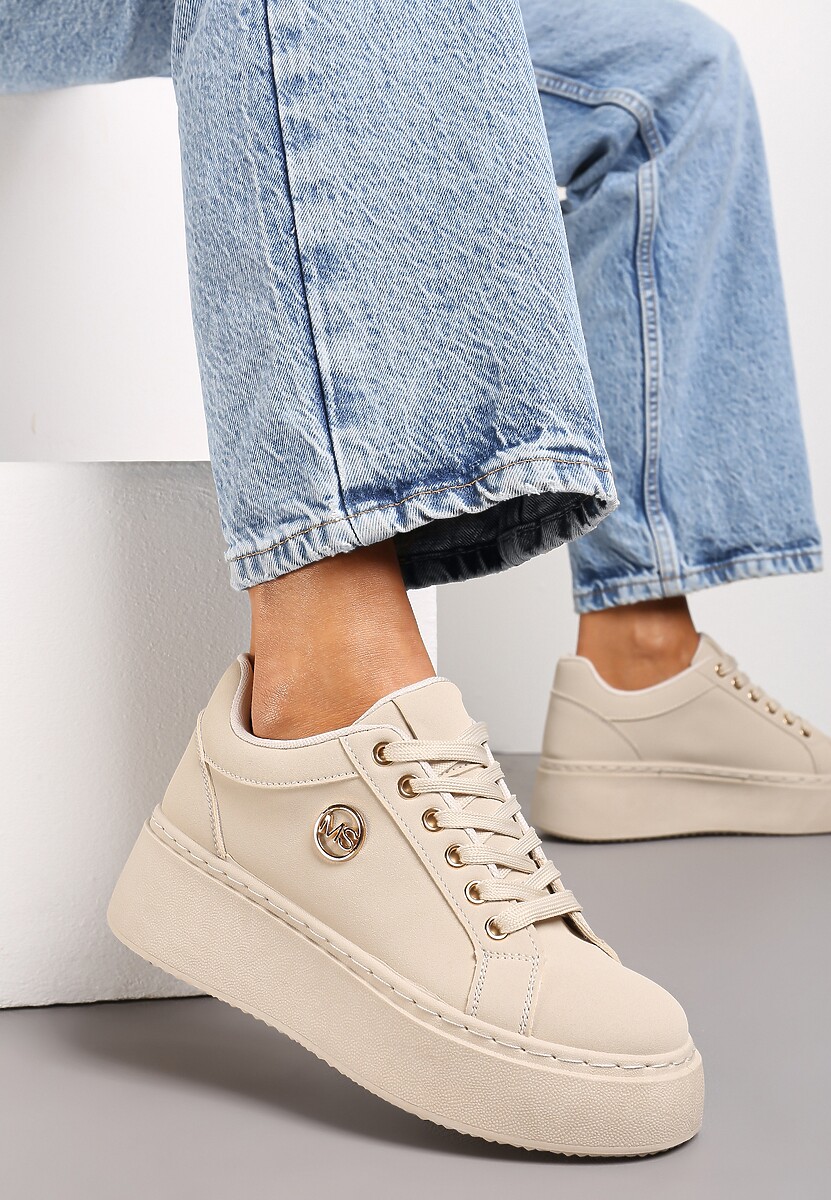 Jasnobeżowe Sneakersy na Jednolitej Platformie z Niewielką Aplikacją ...