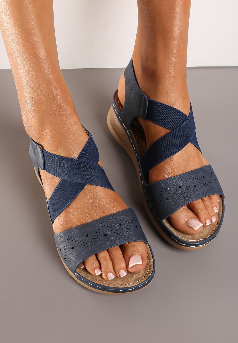 Niebieskie Płaskie Sandały Wsuwane z Imitacji Skóry Ttesa - Renee