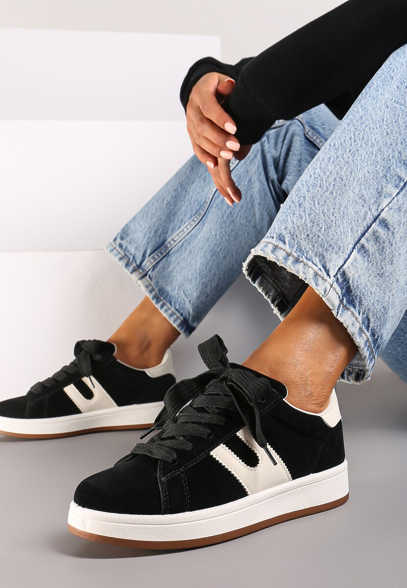 Czarne Sznurowane Sneakersy na Płaskie Podeszwie Wykończone ...