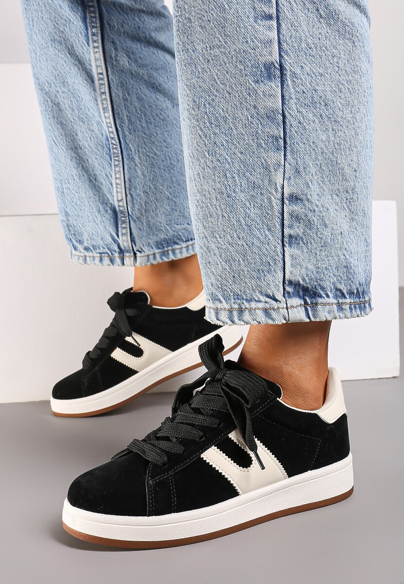 Czarne Sznurowane Sneakersy na Płaskie Podeszwie Wykończone ...