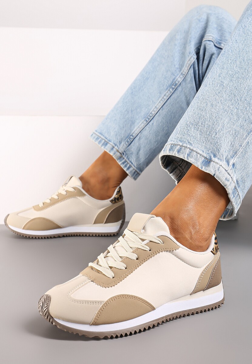 Beżowo-Brązowe Sneakersy na Płaskiej Podeszwie z Geometrycznym Motywem ...
