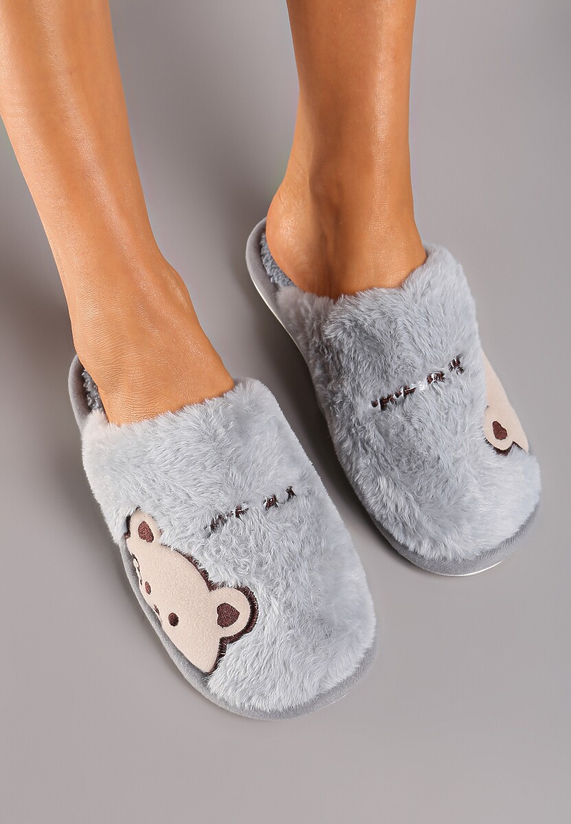 Szare Kapcie na Płaskiej Podeszwie z Motywem Misia Creina - Renee