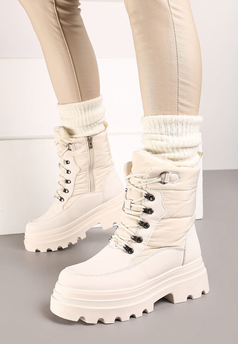 Beżowe Płaskie Pikowane Traperki ze Sznurowaniem Komelia - Renee