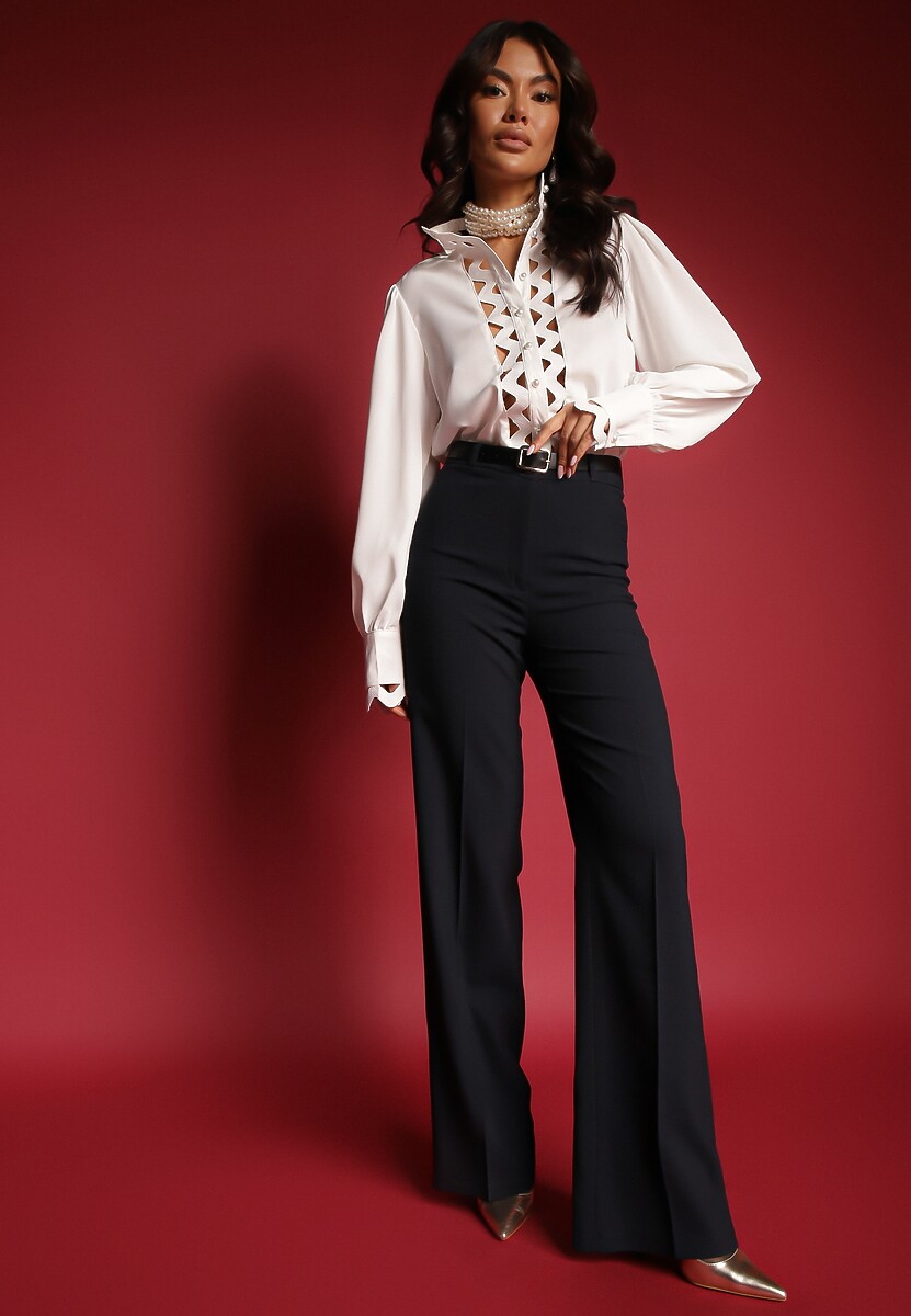 Granatowe Garniturowe Spodnie High Waist z Wiskozą i Szerokimi ...