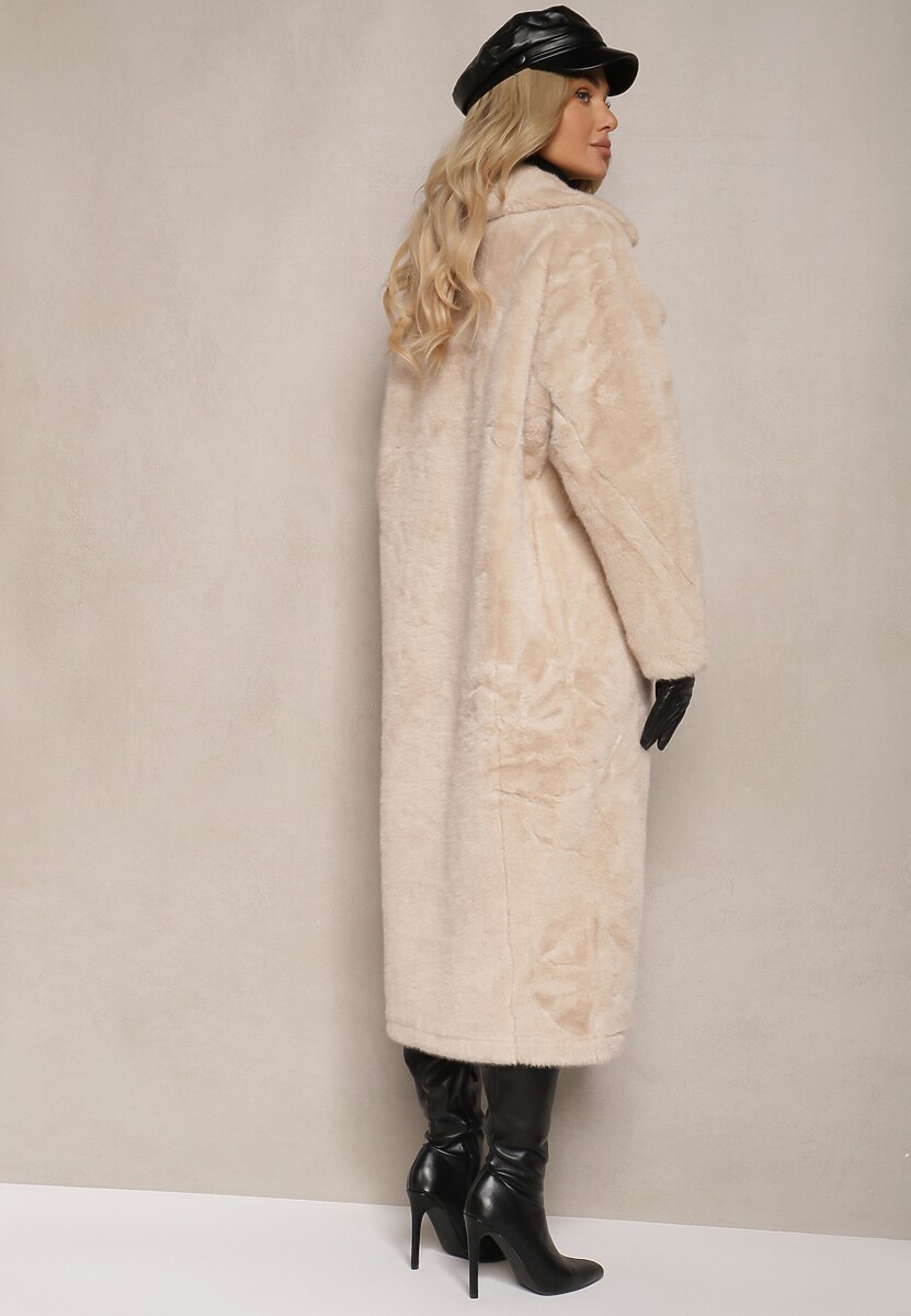 Beżowy Futerkowy Płaszcz z Domieszką Wiskozy o Dwurzędowym Kroju Ravora ...