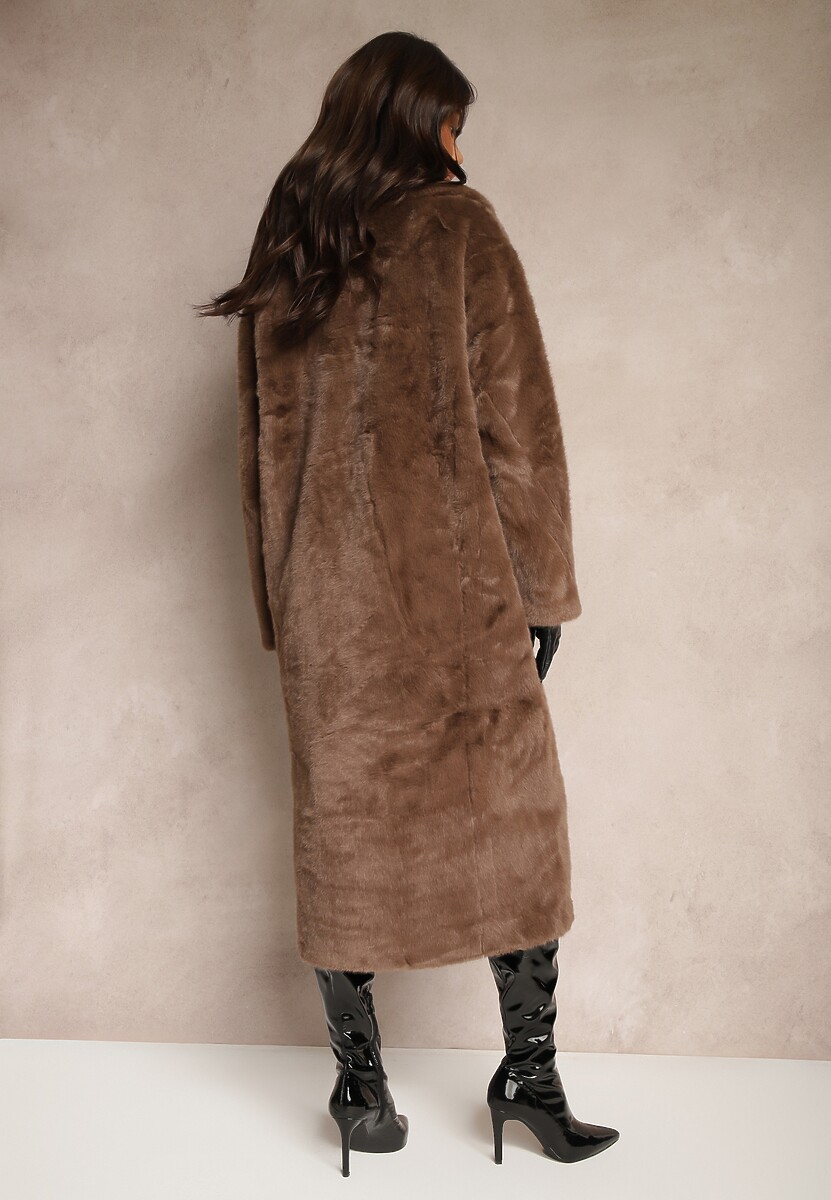 Brązowy Futerkowy Płaszcz z Domieszką Wiskozy o Dwurzędowym Kroju ...