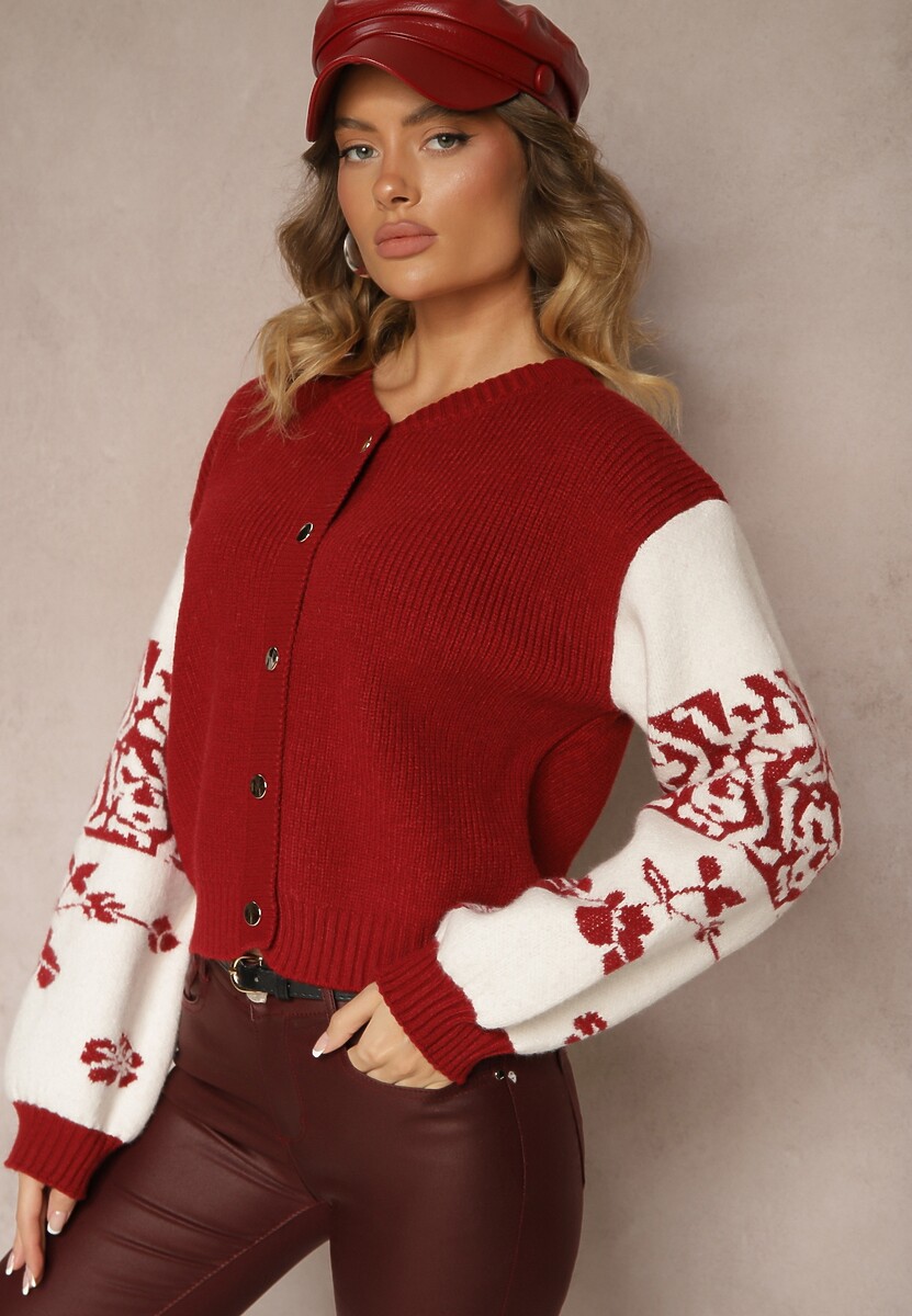 Bordowy Kardigan z Wiskozy na Guziki Ozdobiony Geometrycznym Wzorem ...