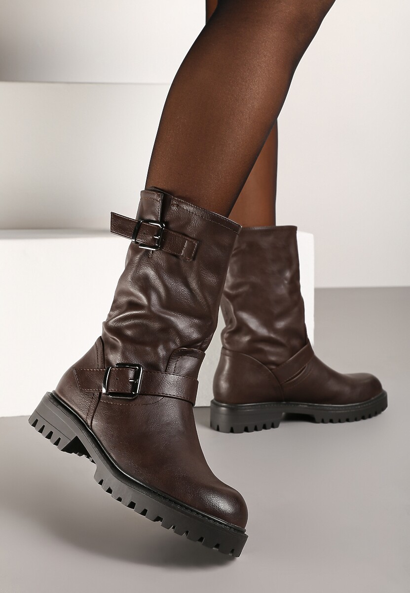 Brązowe Botki Bikery na Płaskiej Podeszwie z Klamrami Nalinna - Renee