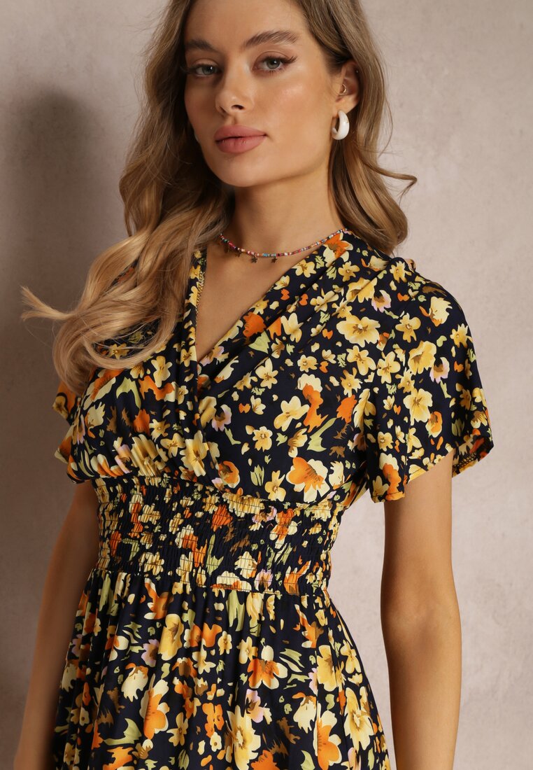 Czarno-Żółta Sukienka Mini w Kwiaty z Kopertowym Dekoltem Muffo - Renee