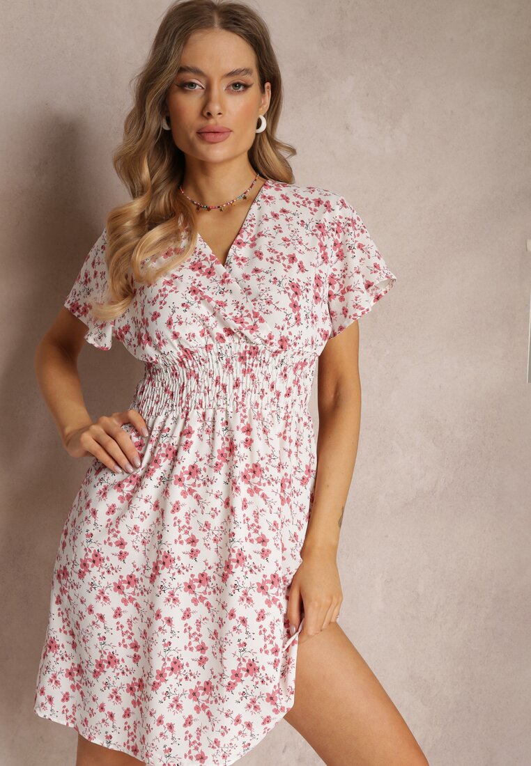 Biało-Czerwona Rozkloszowana Sukienka z Gumką w Pasie Heffah - Renee