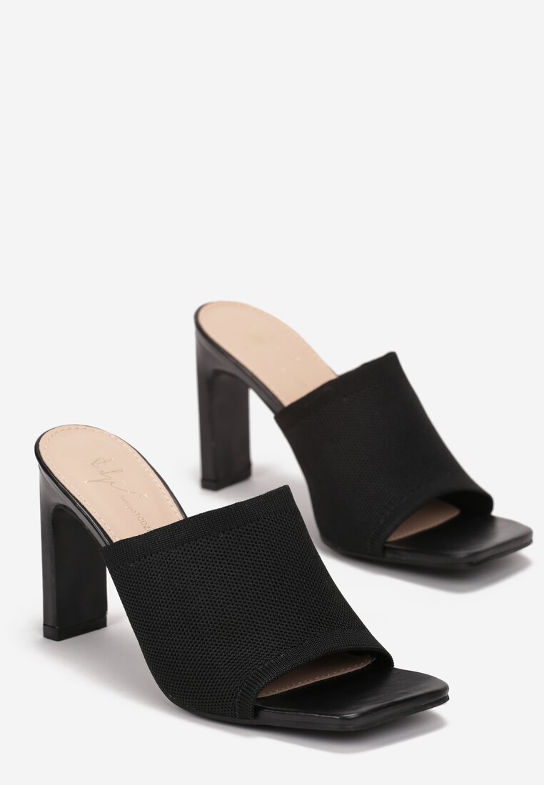 Czarne Klapki na Słupkowym Obcasie z Szerokim Paskiem Mella - Renee