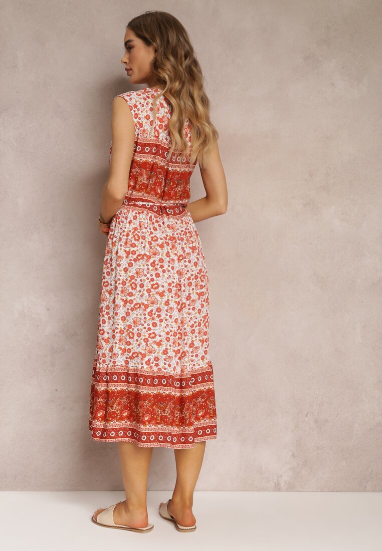 Czerwona Sukienka Midi w Kwiaty z Paskiem z Materiału i Guzikami ...