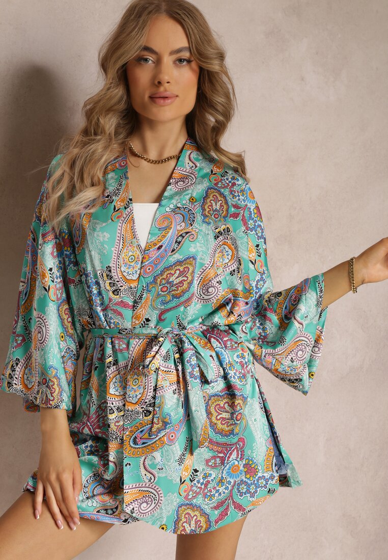 Zielona Narzutka Bluzka Kimono W Kwiaty Z Wi zaniem W Pasie I R kawem 3