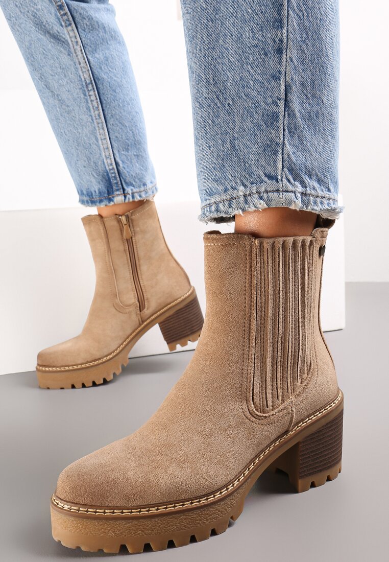 Beżowe Botki na Obcasie w Stylu Boho z Elastyczną Wstawką Eluzer - Renee