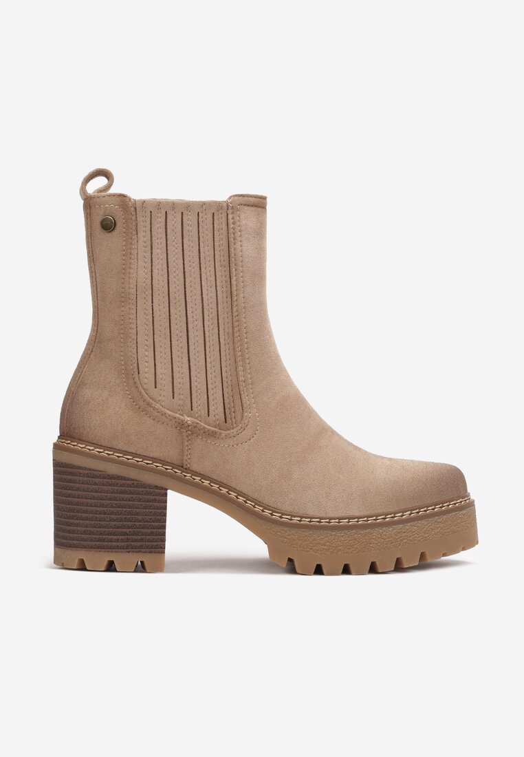 Beżowe Botki na Obcasie w Stylu Boho z Elastyczną Wstawką Eluzer - Renee