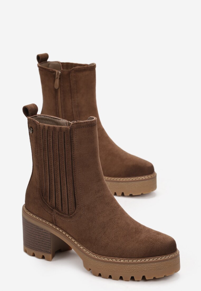 Brązowe Botki na Obcasie w Stylu Boho z Elastyczną Wstawką Eluzer - Renee