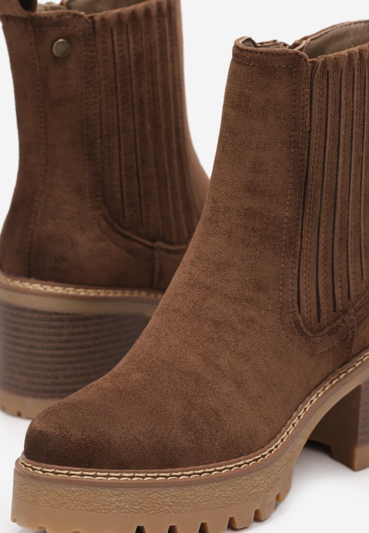 Brązowe Botki na Obcasie w Stylu Boho z Elastyczną Wstawką Eluzer - Renee