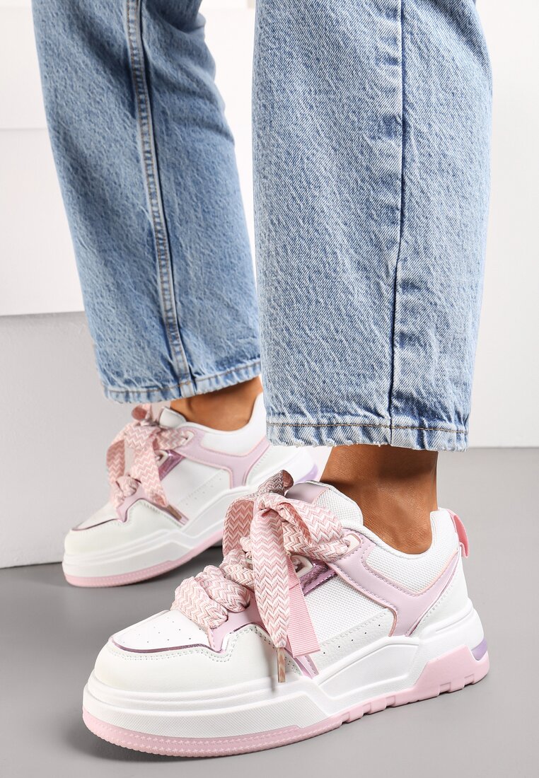 Różowe Sneakersy na Płaskiej Podeszwie z Grubymi Sznurówkami i Przeszyciami Joliat - Renee