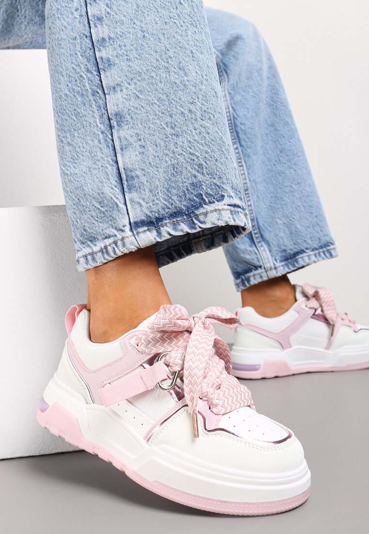 Różowe Sneakersy na Płaskiej Podeszwie z Grubymi Sznurówkami i Przeszyciami Joliat - Renee