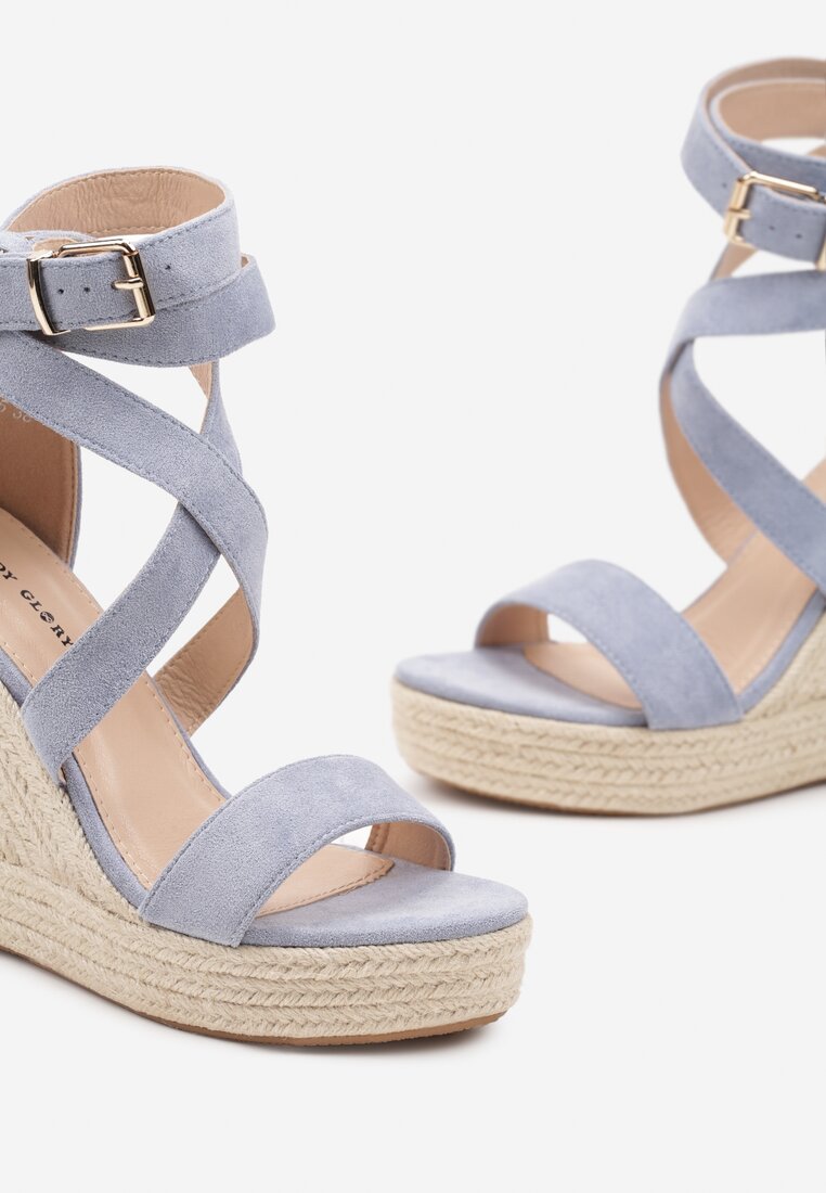 Jasnoniebieskie Sandały na Plecionym Koturnie i Platformie Tinami - Renee